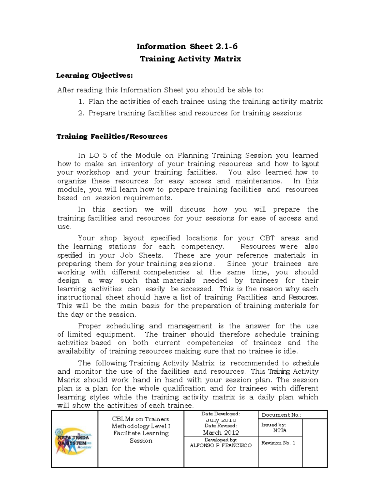 Information Sheet 2.5 - CBLMs on Trainers Methodology Level I ...