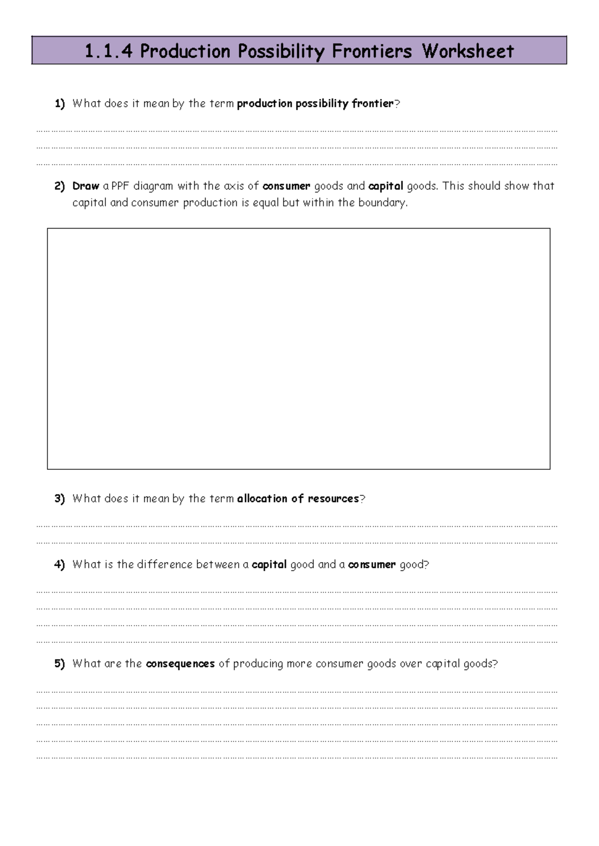 worksheet and answer - 1.1 Production Possibility Frontiers Worksheet ...