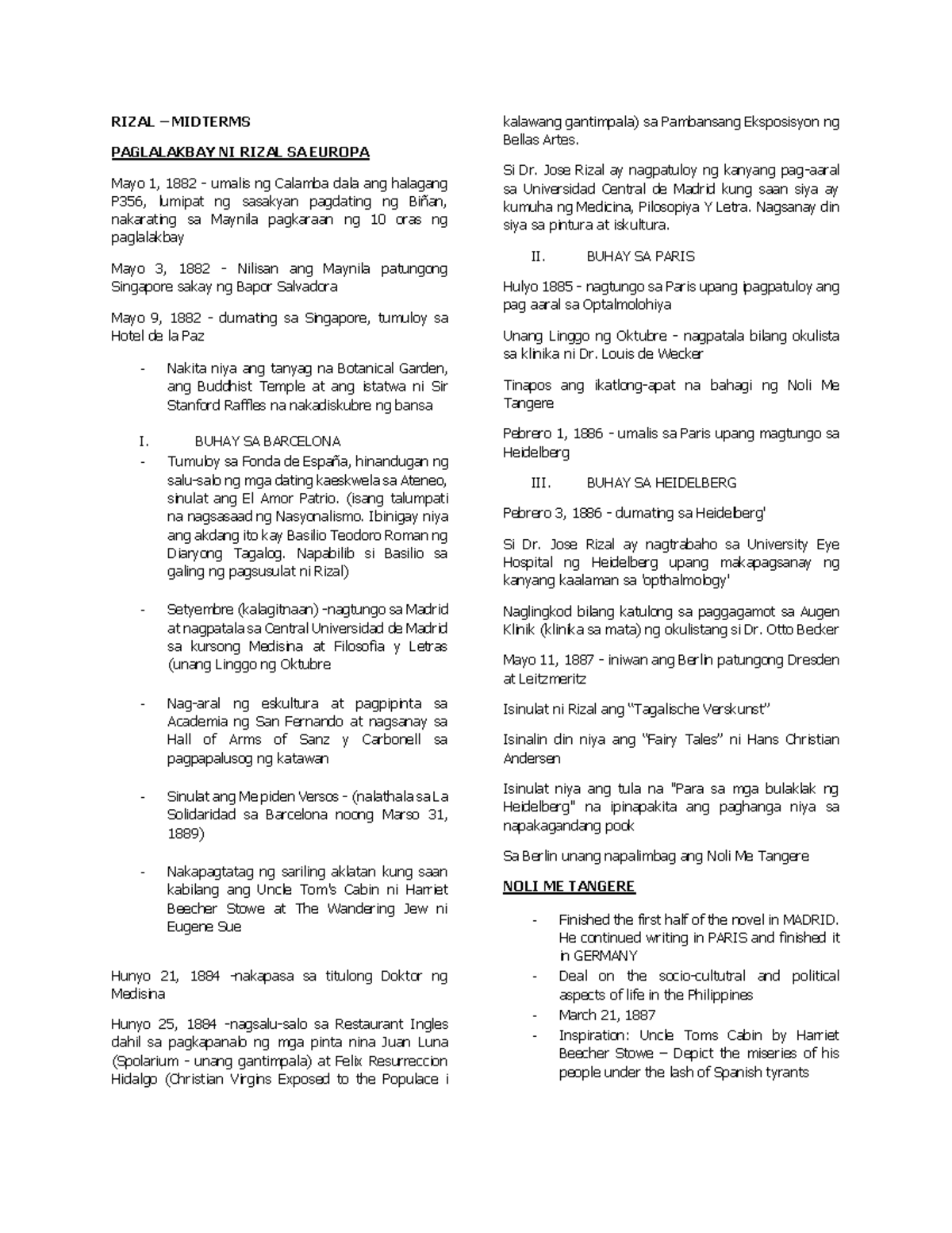Rizal - Midterms - RIZAL – MIDTERMS PAGLALAKBAY NI RIZAL SA EUROPA Mayo 1, 18 82 - umalis ng ...