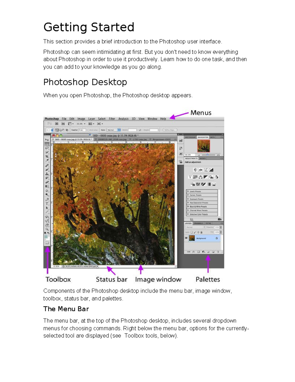Intro to photoshop interface - Getting Started This section provides a ...