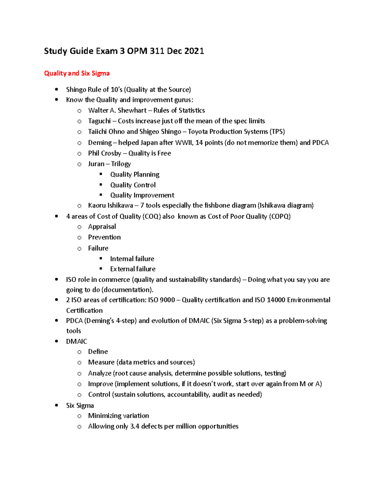 Exam 3 Study Guide - review exam - Study Guide Exam 3 OPM 311 Dec 2021 ...