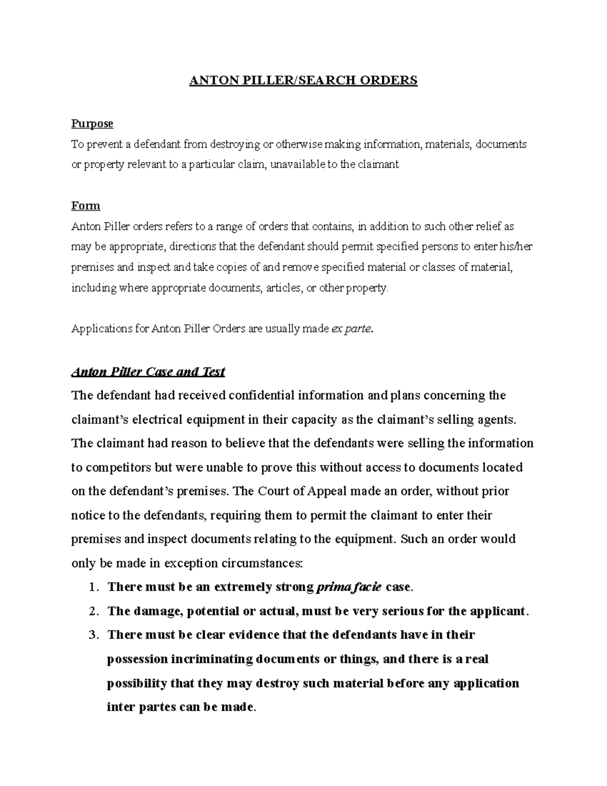 Anton Piller Orders - ANTON PILLER/SEARCH ORDERS Purpose To prevent a ...