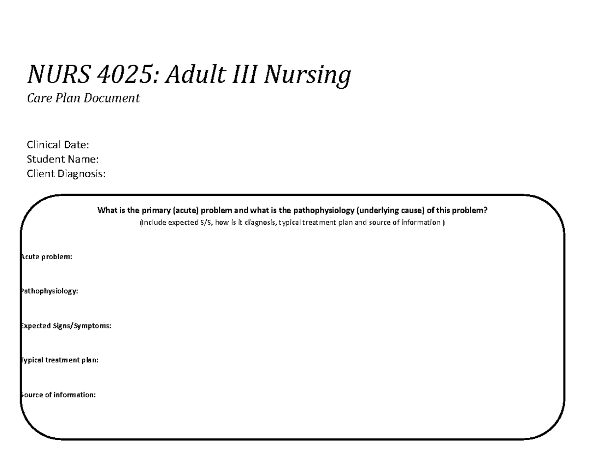 NURS 4025 Adult Nursing III Care Plan - What is the primary (acute ...