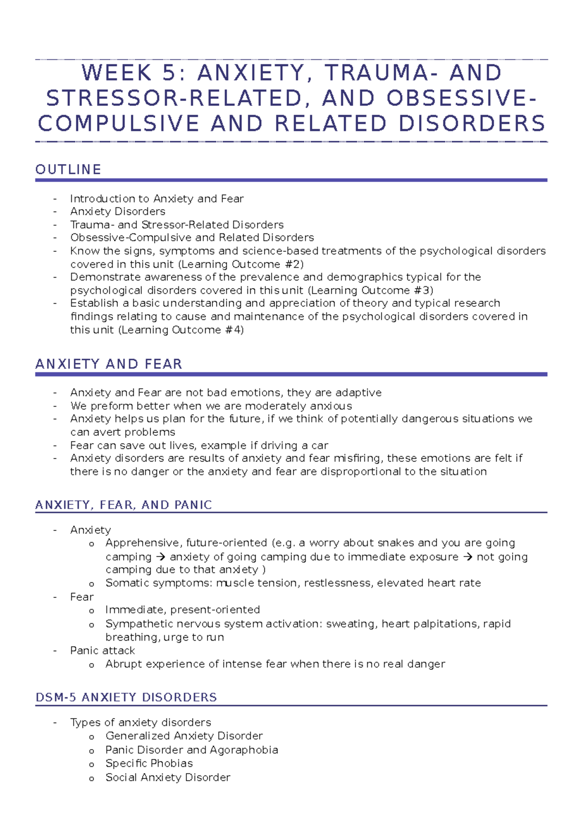Lecture w5: ANXIETY, TRAUMA AND STRESSORS - WEEK 5: ANXIETY, TRAUMA ...