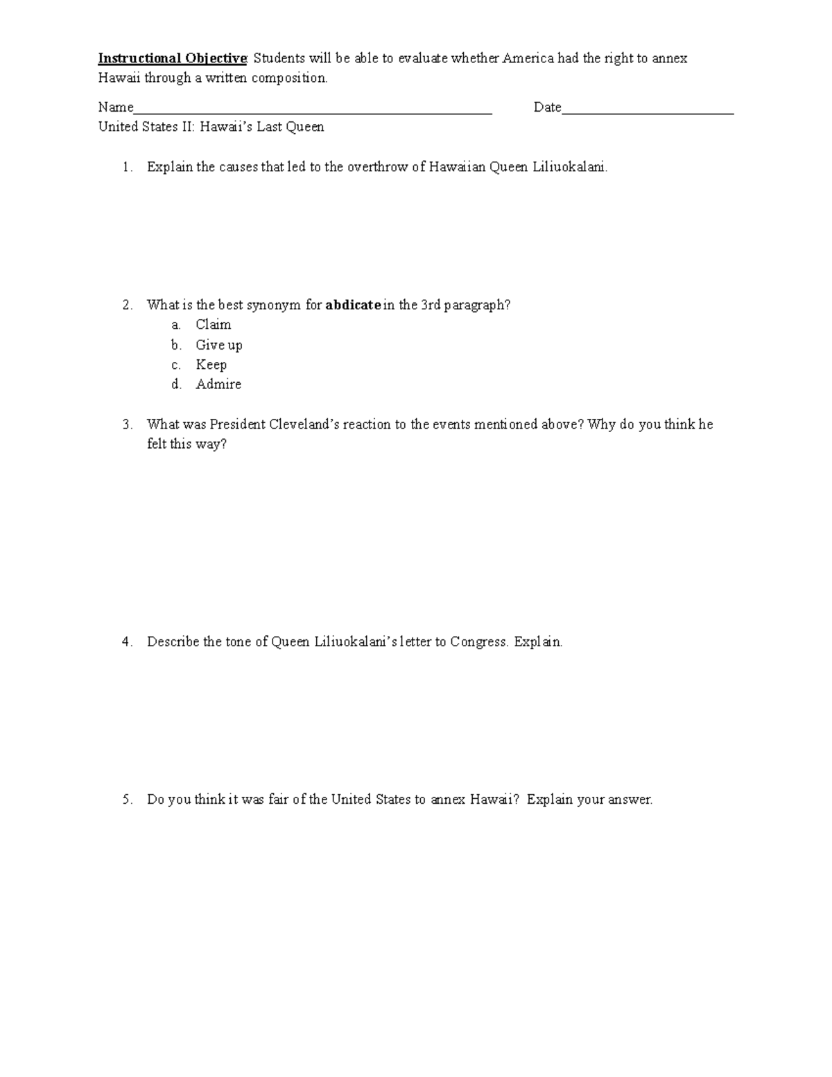 Hawaii’s Last Queen Questions - Instructional Objective: Students will ...