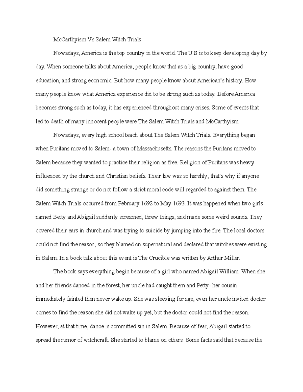 Mccarthyism Vs Salem Witch Trials - McCarthyism Vs Salem Witch Trials ...