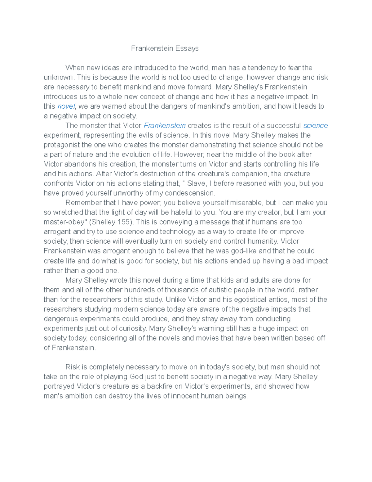 Frankenstein Essays - Frankenstein Essays When new ideas are introduced ...