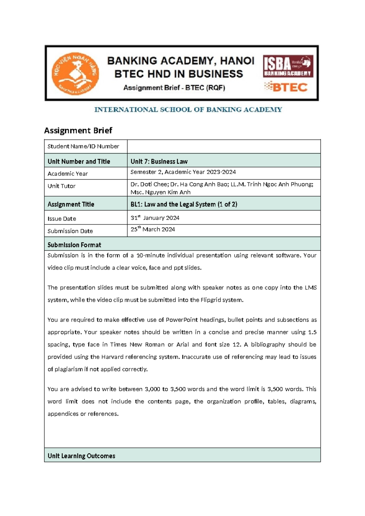 BL A1 (Presentation LO1 LO2) - Assignment Brief Student Name/ID Number ...
