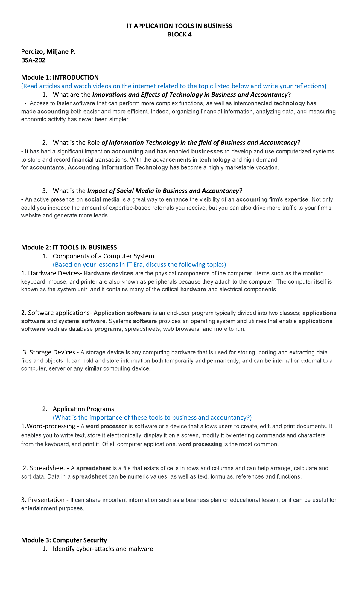 IT application tools - IT APPLICATION TOOLS IN BUSINESS BLOCK 4 Perdizo, Miljane P. BSA- Module ...