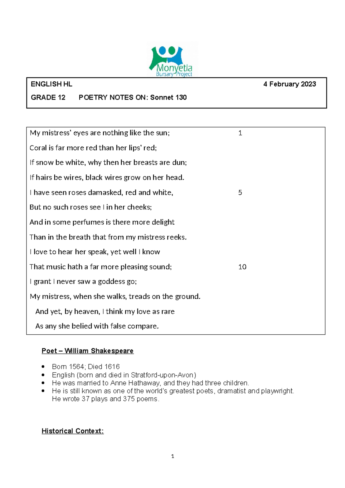 Sonnet-130- Final - study tips - 2. Sonnet 130 My mistress’ eyes are ...