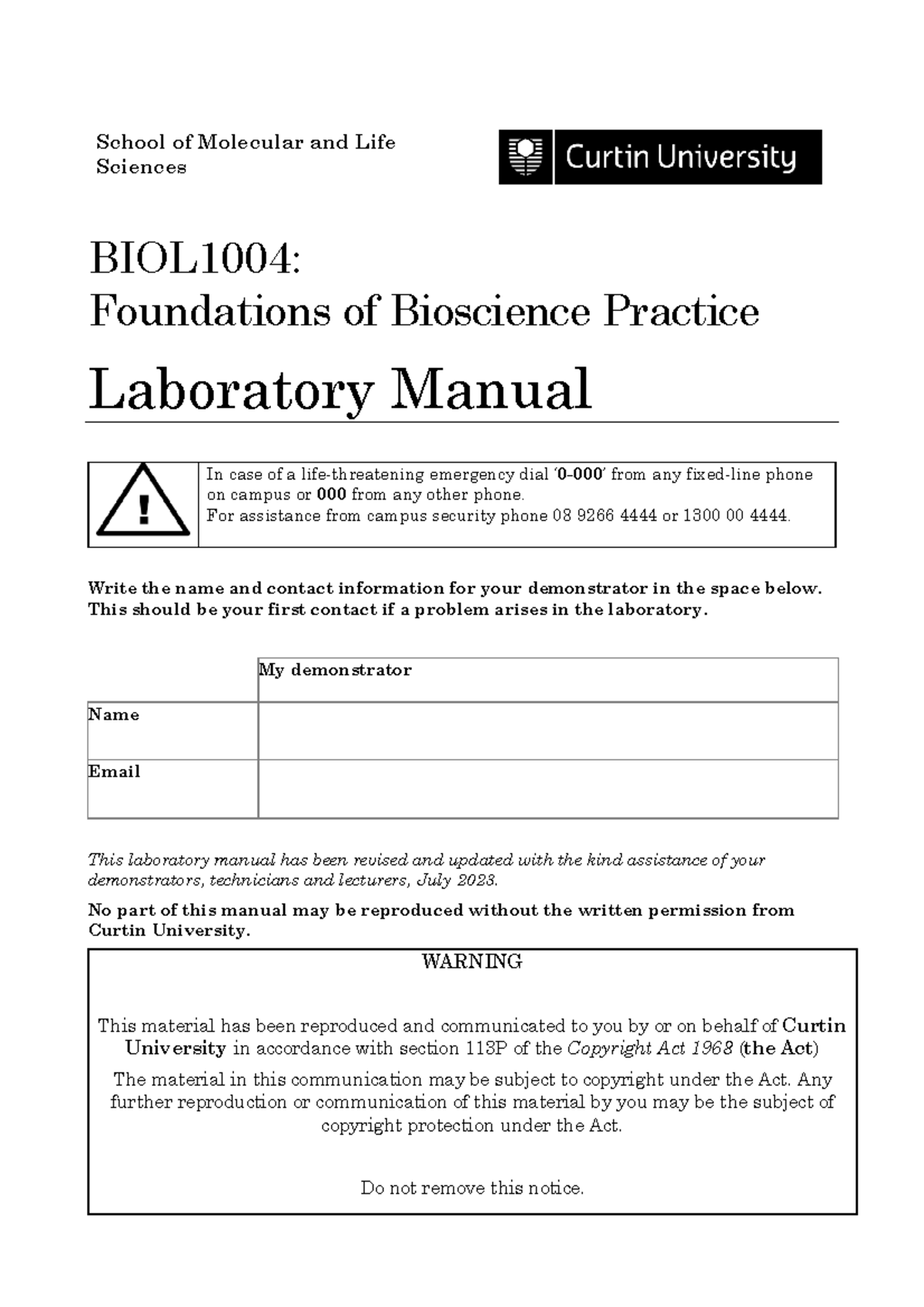 BIOL1004 Lab Manual Complete - School of Molecular and Life Sciences ...