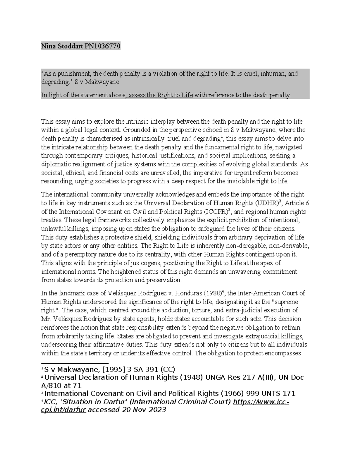 Finalised IHR Essay - Death Penalty - Nina Stoddart PN ‘As a punishment ...