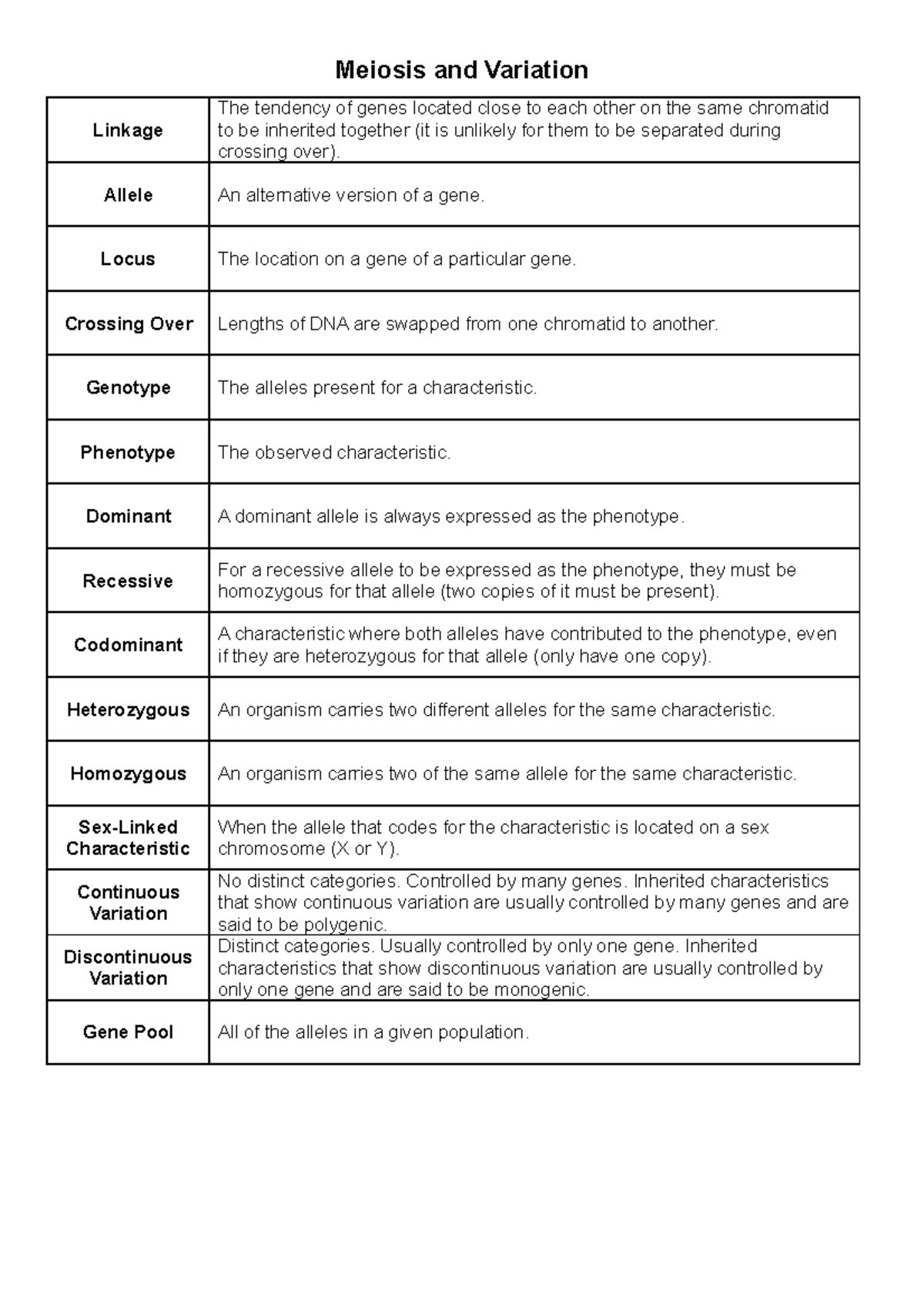 Meiosis and Variation Notes - Meiosis and Variation Linkage The ...