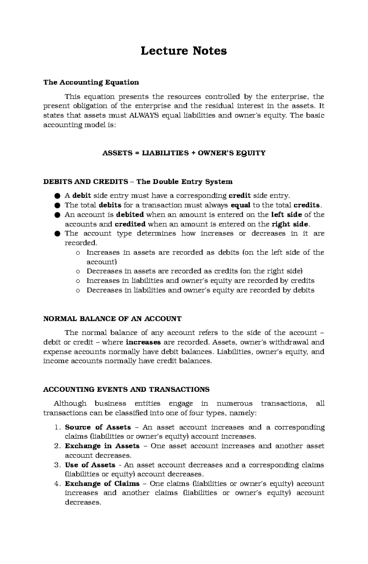 Lecture Notes 1 - Lecture Notes The Accounting Equation This equation ...