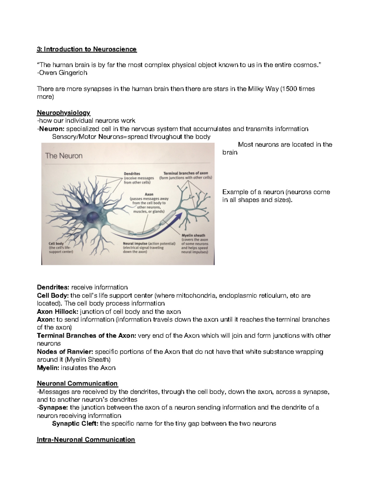 3 Introduction to Neuroscience - 3: Introduction to Neuroscience “The ...