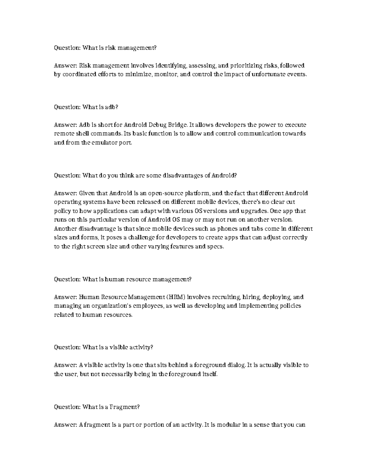 Lit - Practice Materials - Question: What is risk management? Answer ...