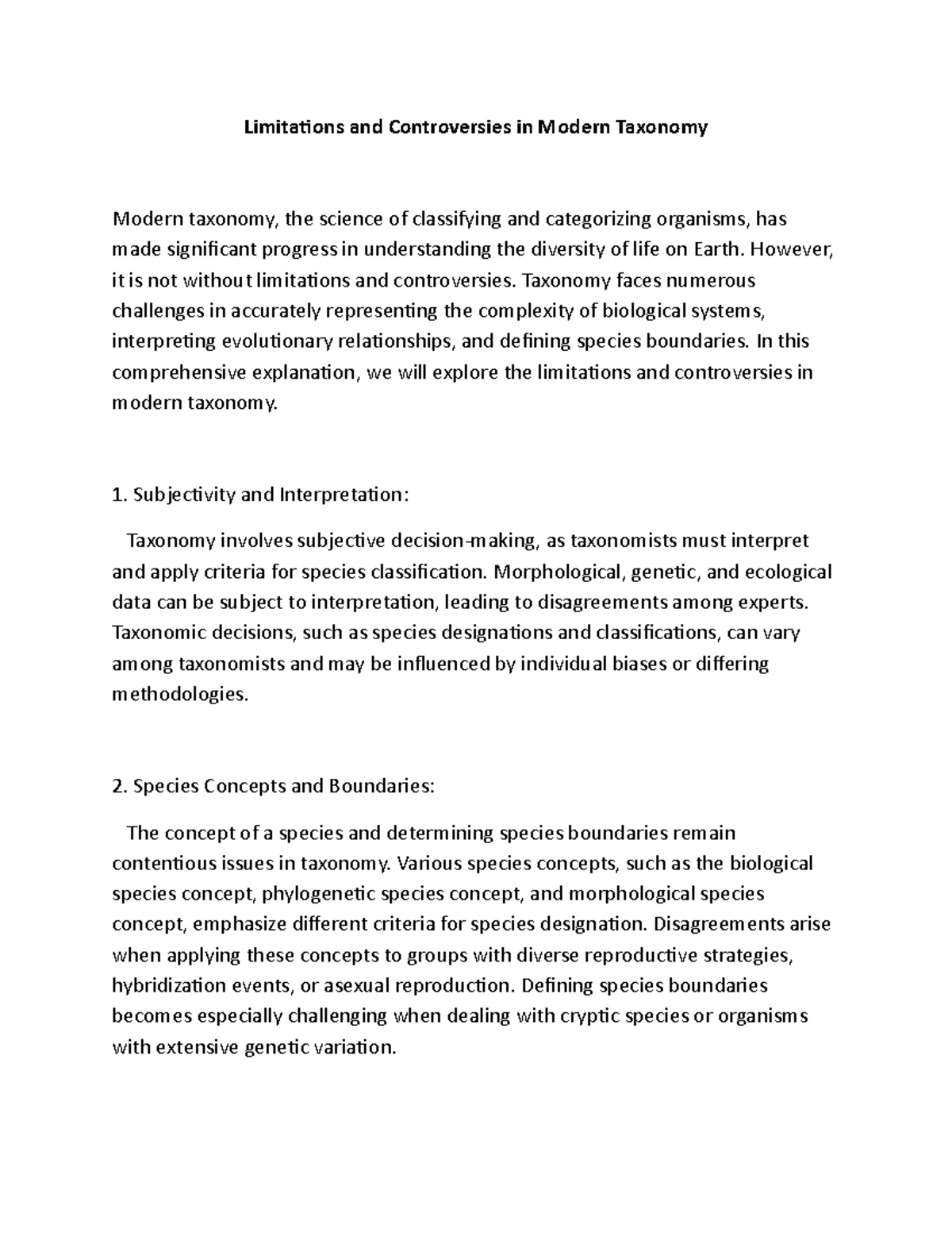 Limitations and Controversies in Modern Taxonomy - However, it is not ...