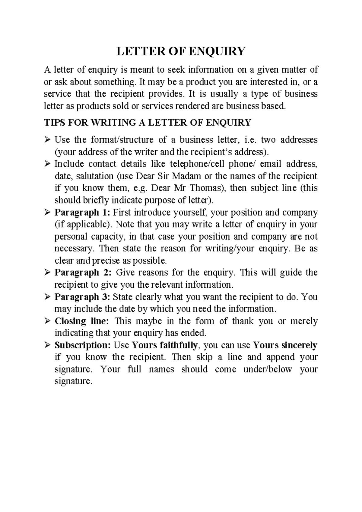 Letter OF Enquiry 1 - com151 - LETTER OF ENQUIRY A letter of enquiry is ...