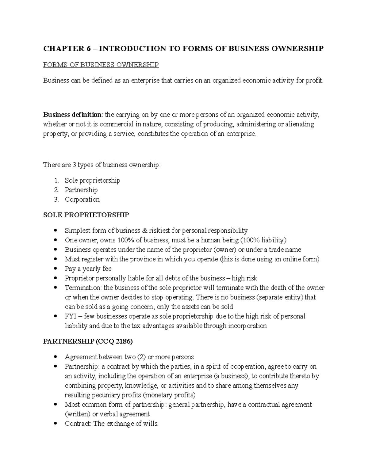 Final Notes COMM315 - CHAPTER 6 – INTRODUCTION TO FORMS OF BUSINESS ...
