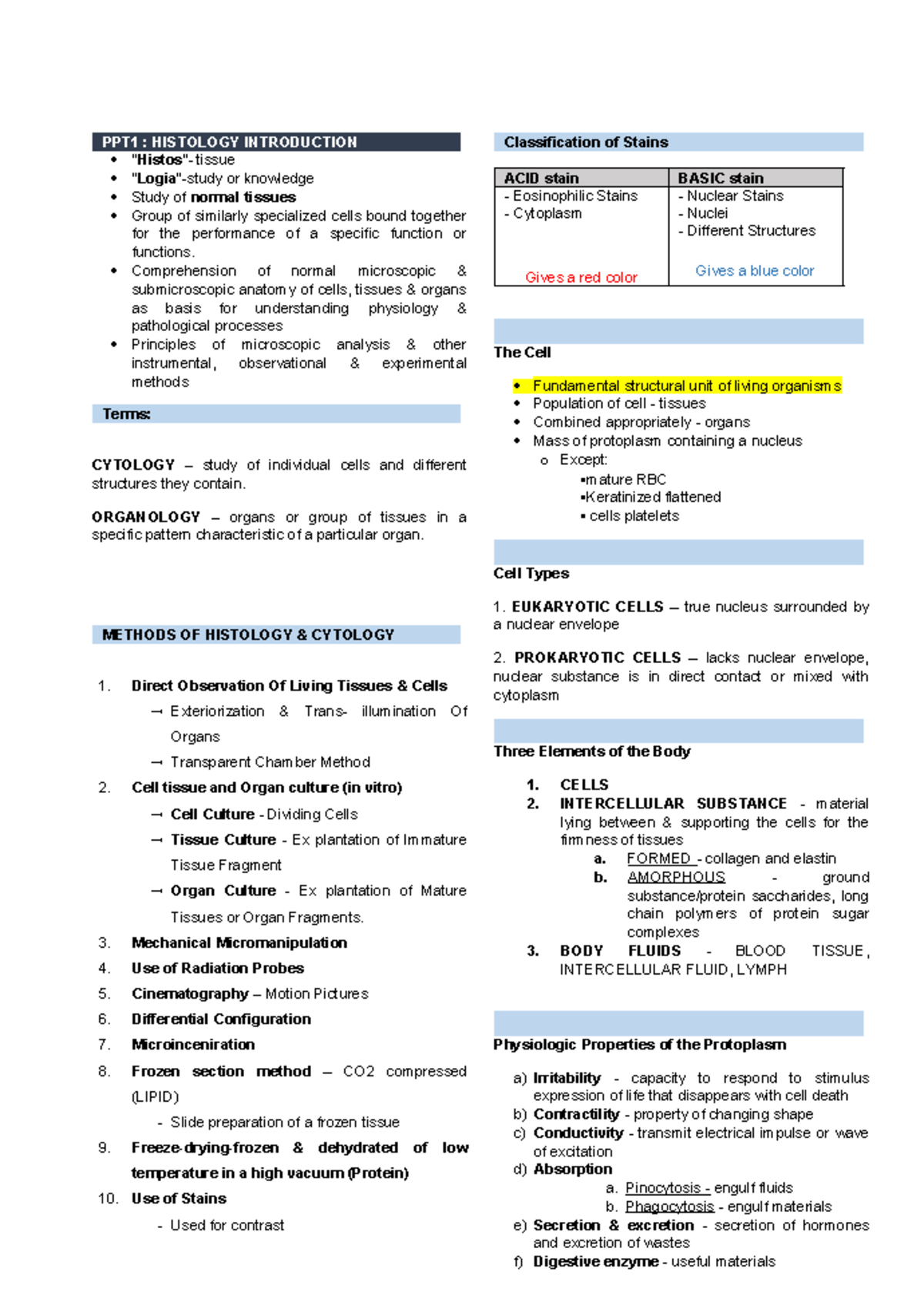 Histo-LEC PPT-1-and-2 - PPT1 : HISTOLOGY INTRODUCTION "Histos"- tissue - Studocu