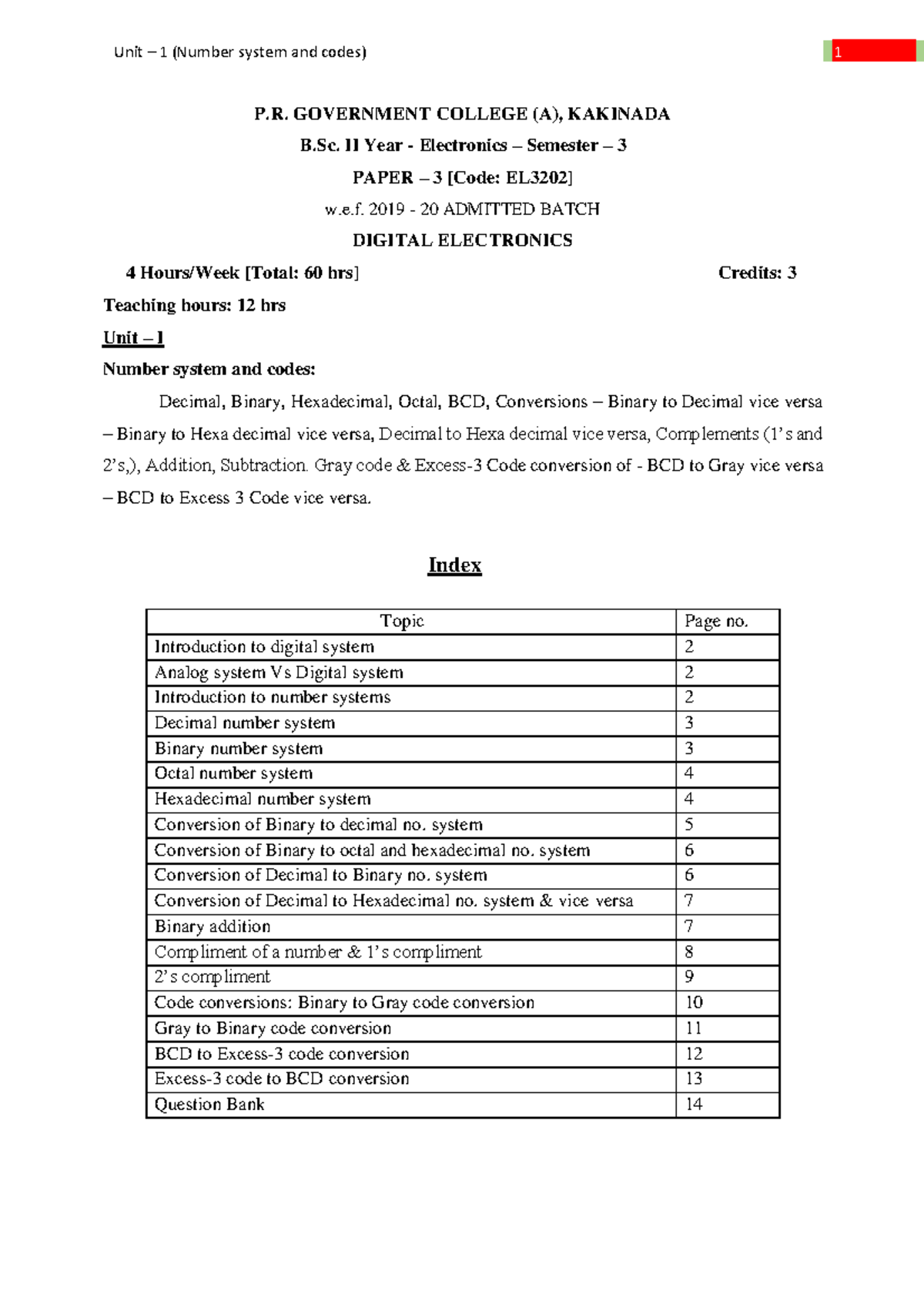 Number system and codes - P. GOVERNMENT COLLEGE (A), KAKINADA B. II ...