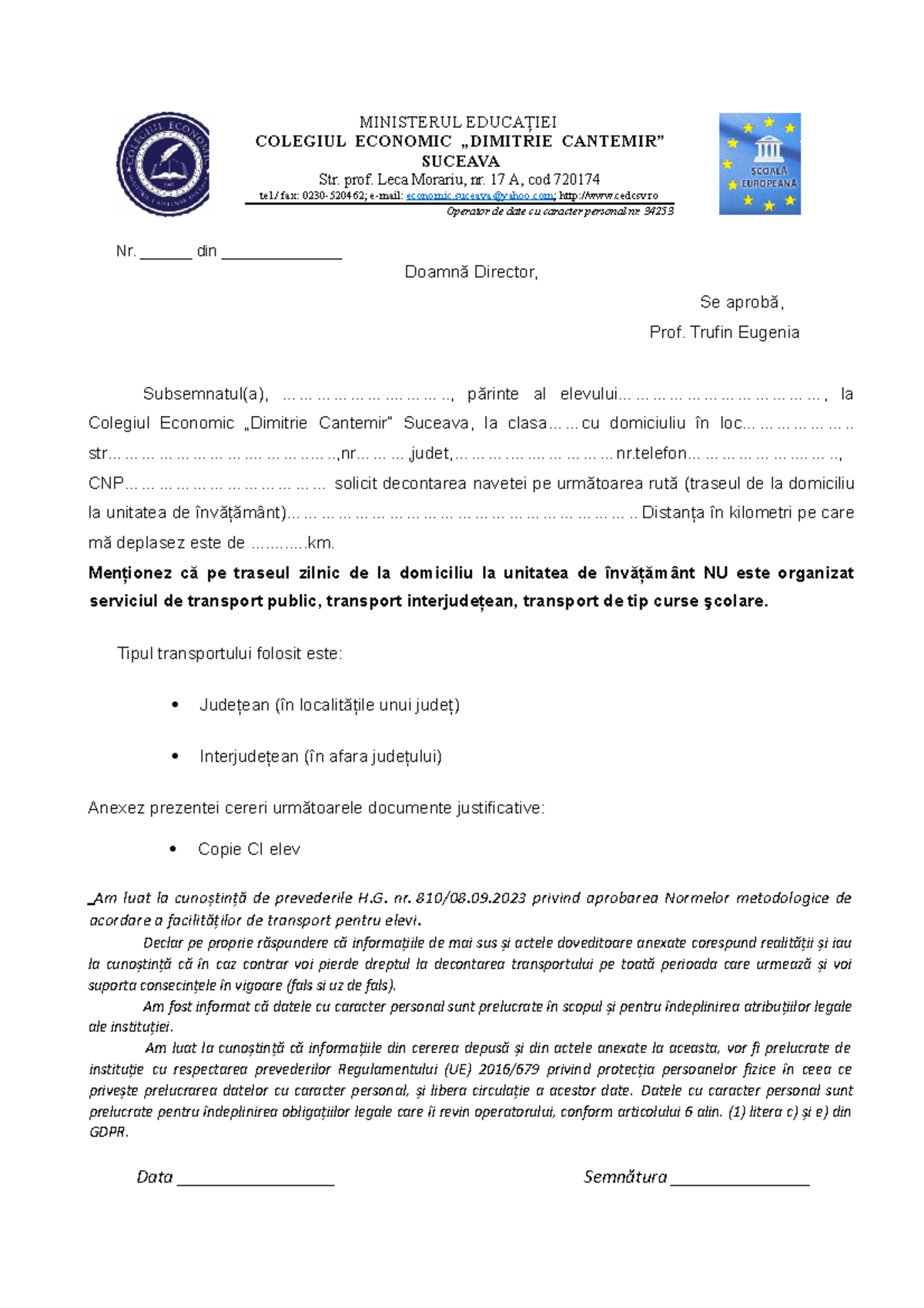 Cerere transport elevi 2023 Foefetara - MINISTERUL EDUCAȚIEI COLEGIUL ...