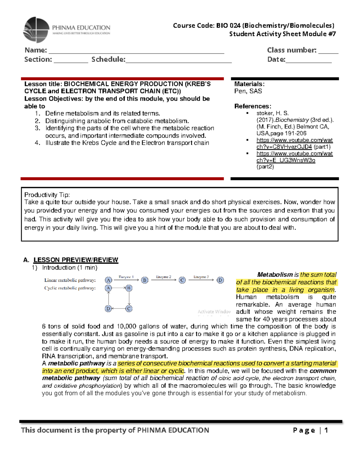 SAS for Biochemistry (BIO 024) Module #7 - Student Activity Sheet Module Name: - Studocu