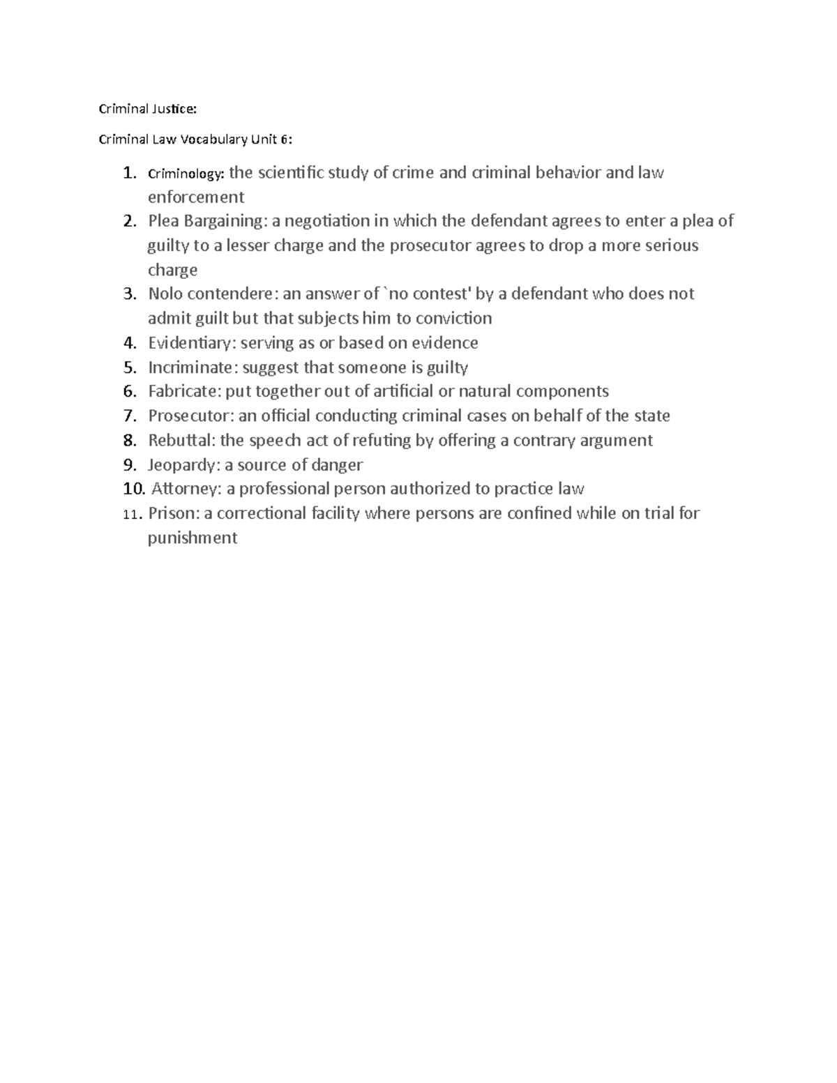 Crim law vocab unit 6 - Criminal Justice: Criminal Law Vocabulary Unit ...