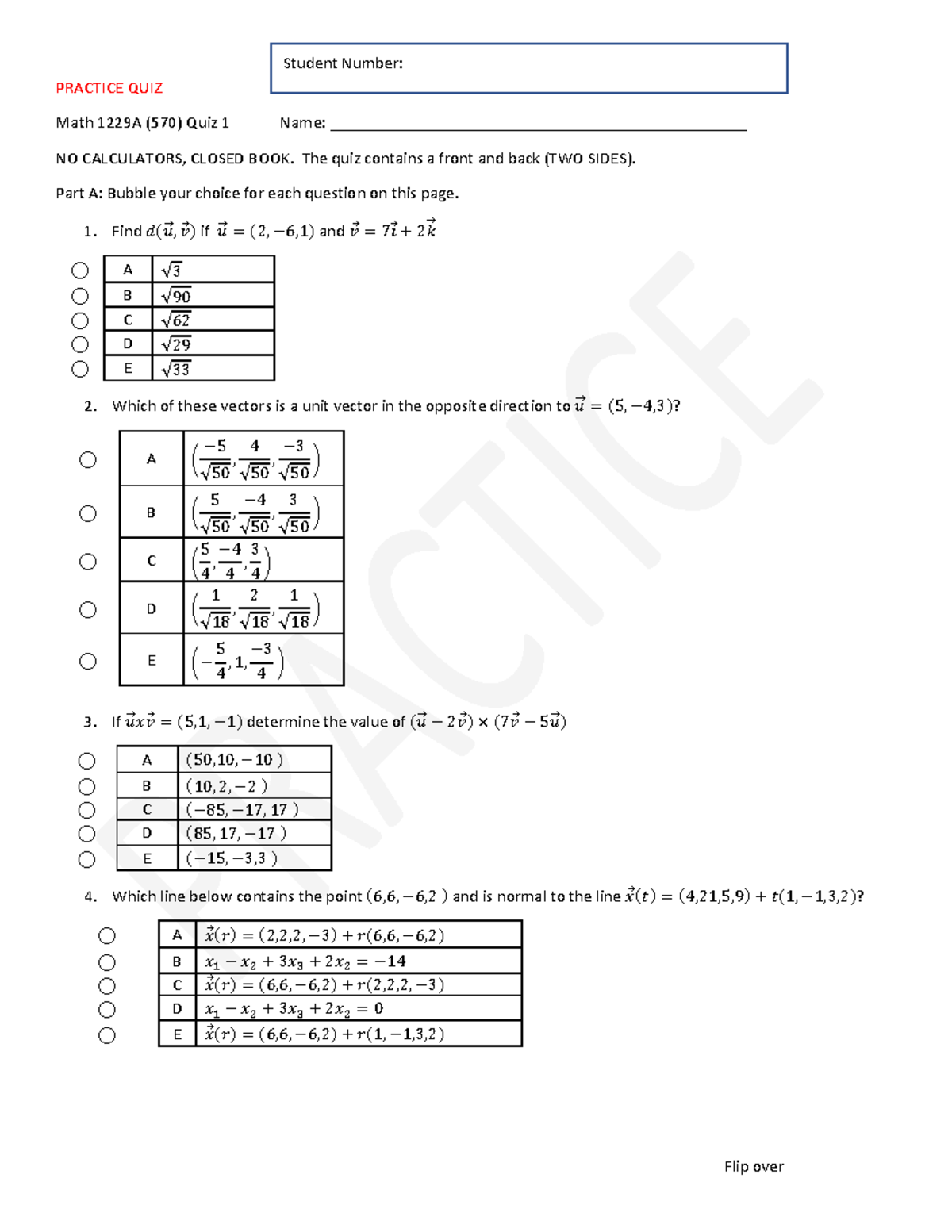 Math 1229A Quiz 1Practice - Flip over PRACTICE QUIZ Math 1229A (570 ...
