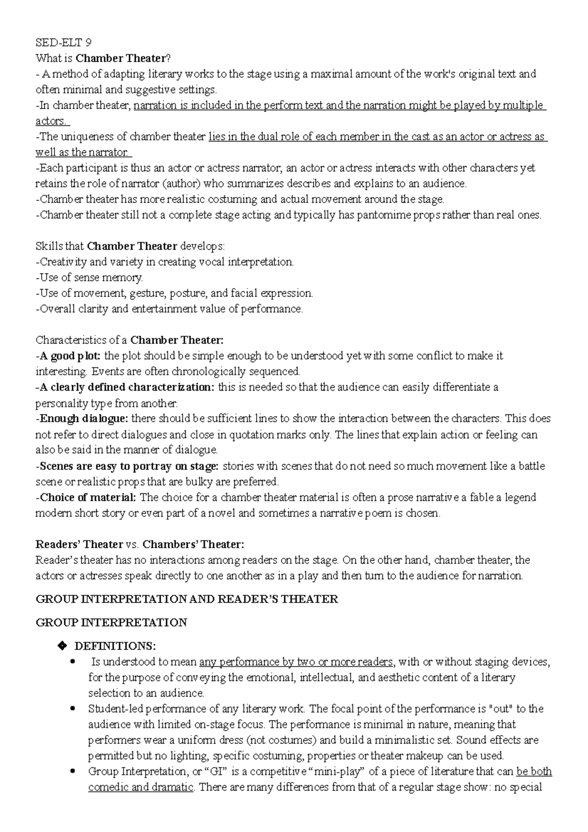 SED-ELT 9 Hand-Out - hahhhahah - SED-ELT 9 What is Chamber Theater? A ...