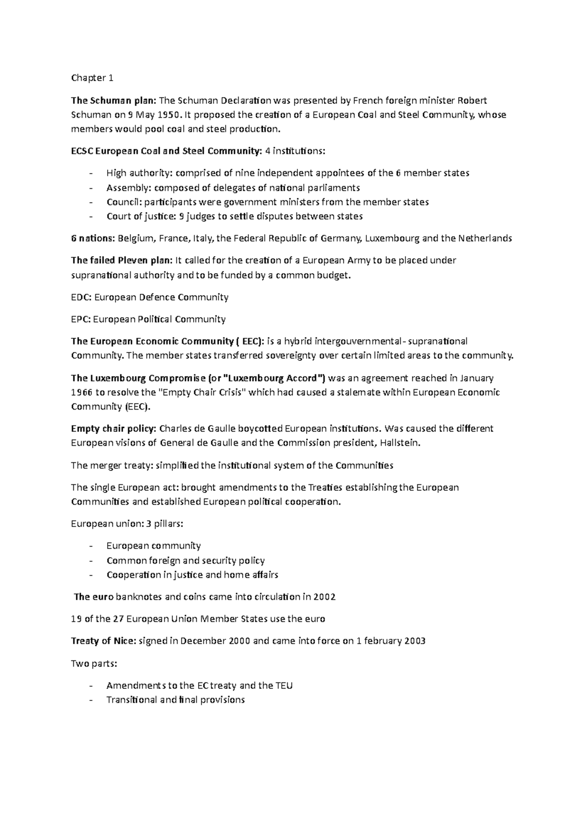 Chapter 1 - Chapter 1 The Schuman plan: The Schuman Declaration was ...