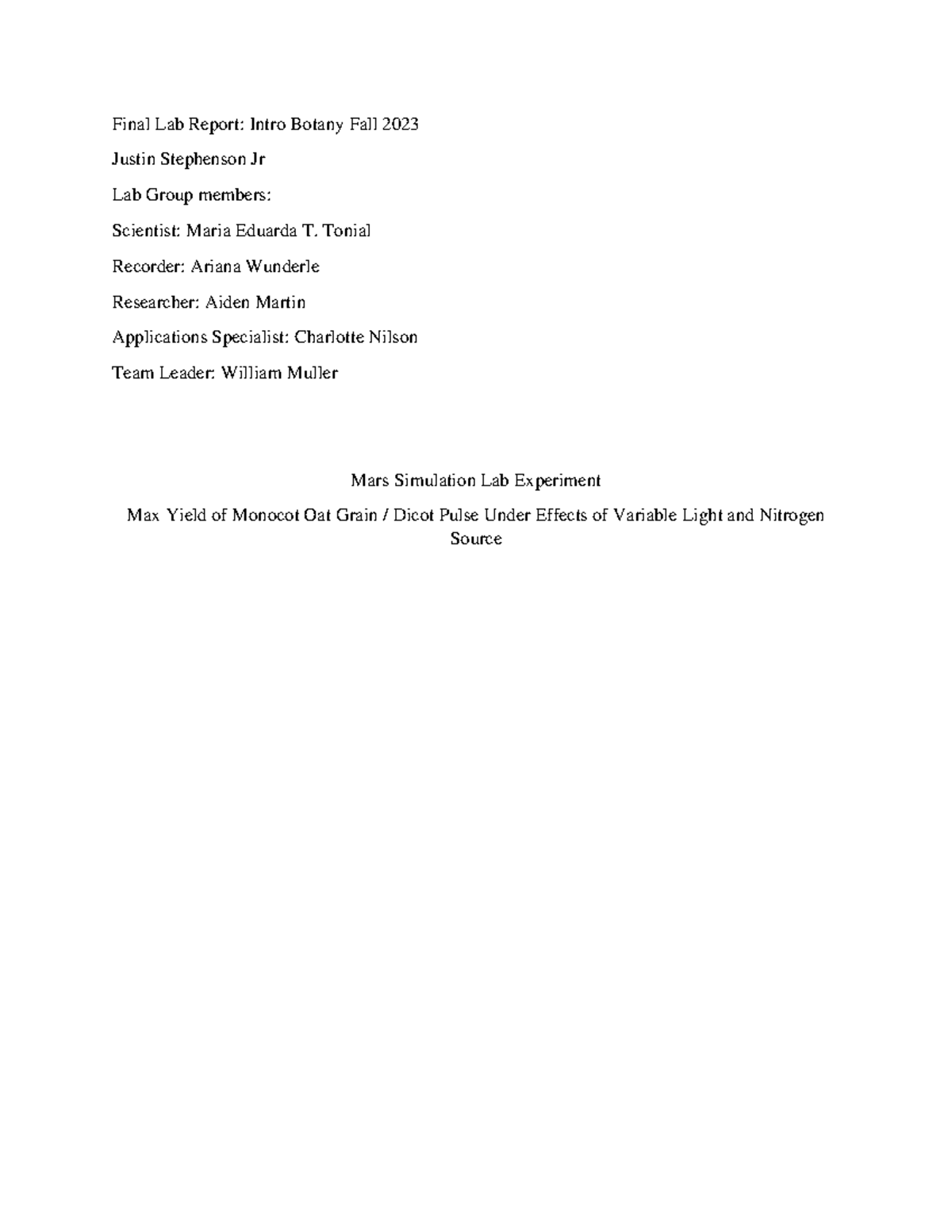 Final Lab Report - notes - Final Lab Report: Intro Botany Fall 2023 ...