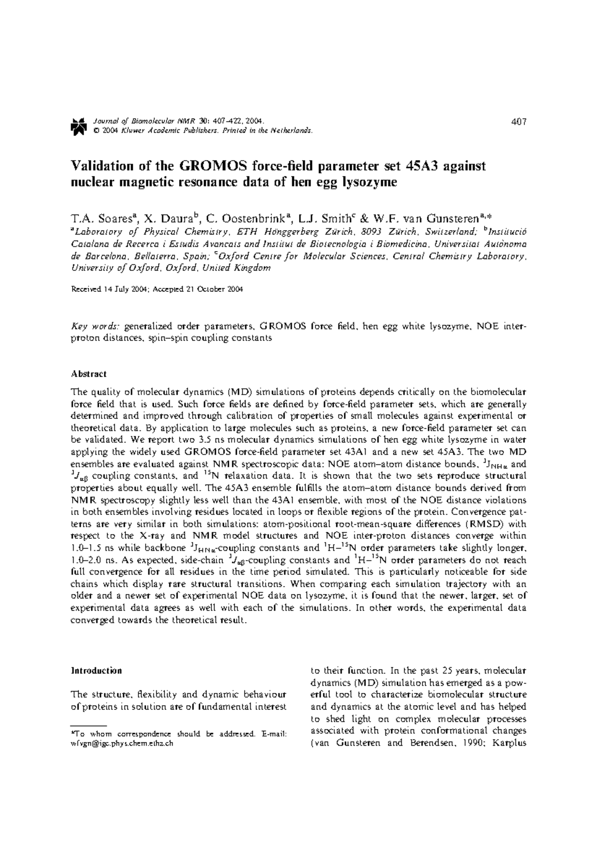 Validation of the Gromos force-field parameter set 45A3 against nuclear ...