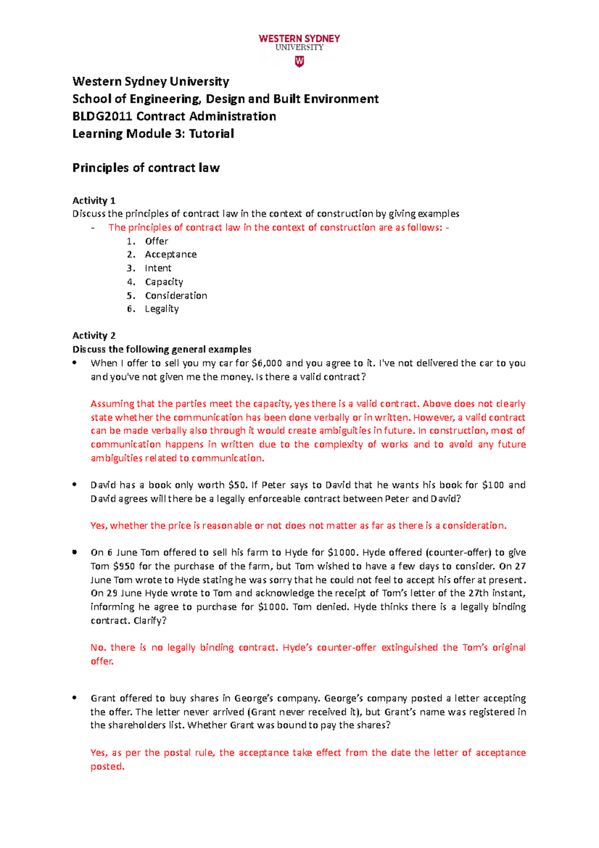 Tutorial Solution and questions for wk 3 md 3 - Western Sydney ...