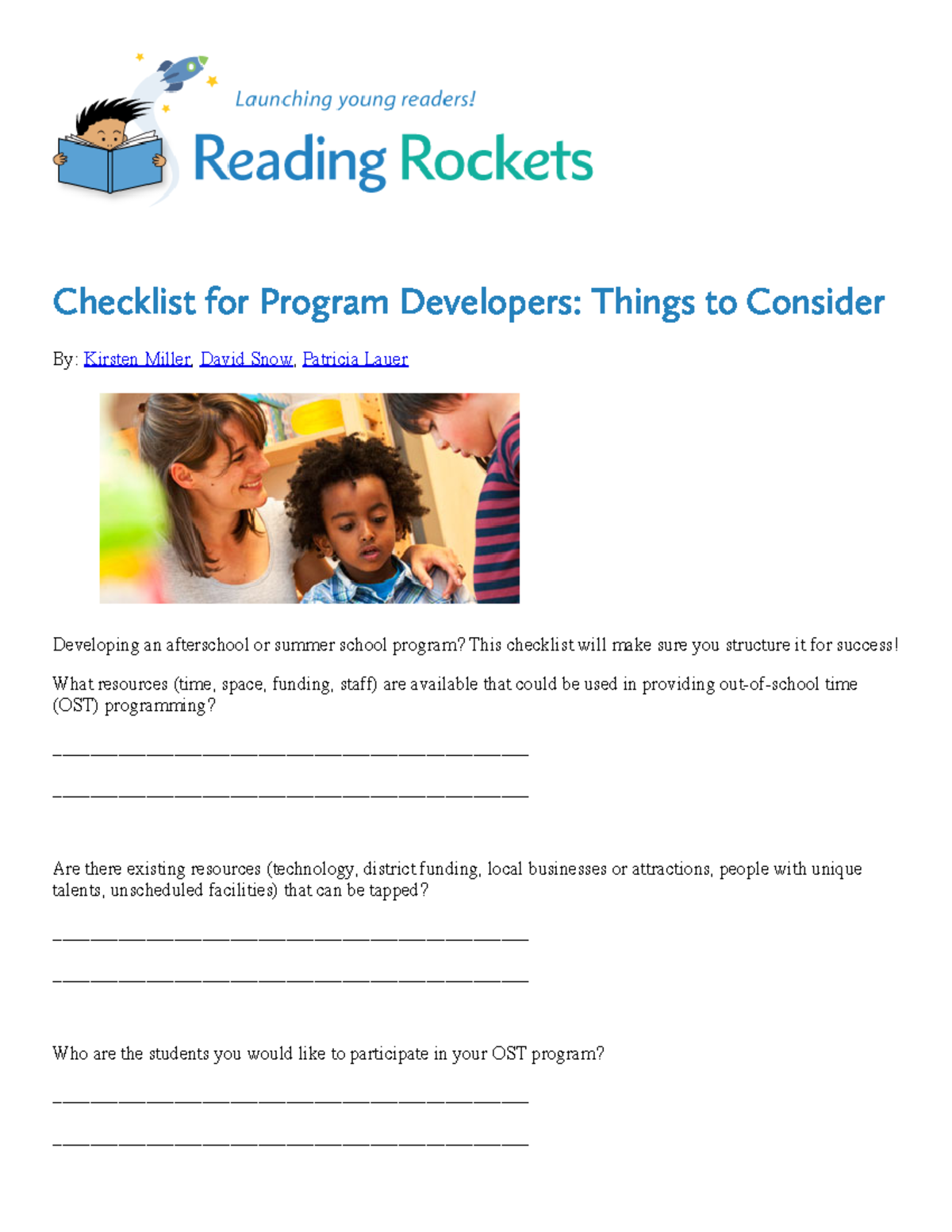Checklist for Program Developers Things to Consider Reading Rockets ...
