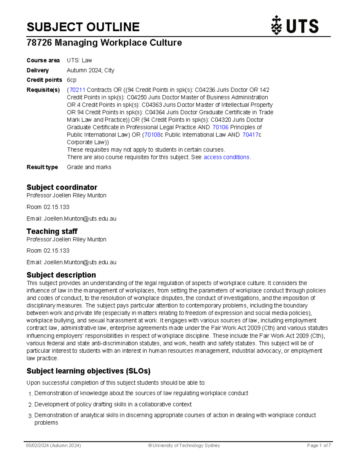 Subject Outline - SUBJECT OUTLINE 78726 Managing Workplace Culture ...