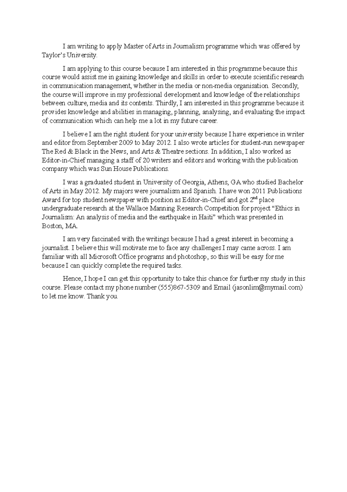 Personal statement - Essay - I am writing to apply Master of Arts in ...