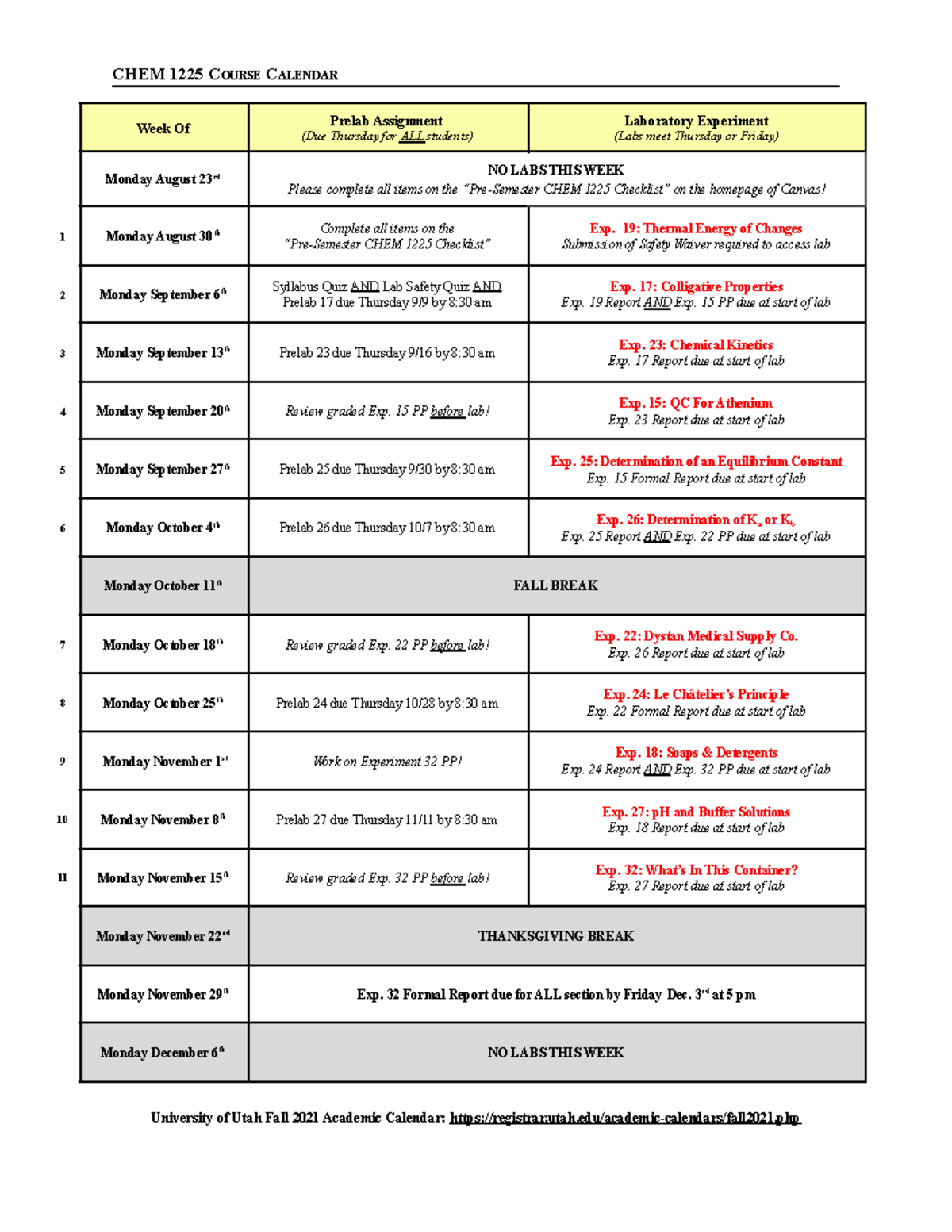 1225 Calendar Fa21 - Course overview - CHEM 1225 COURSECALENDAR Week Of ...
