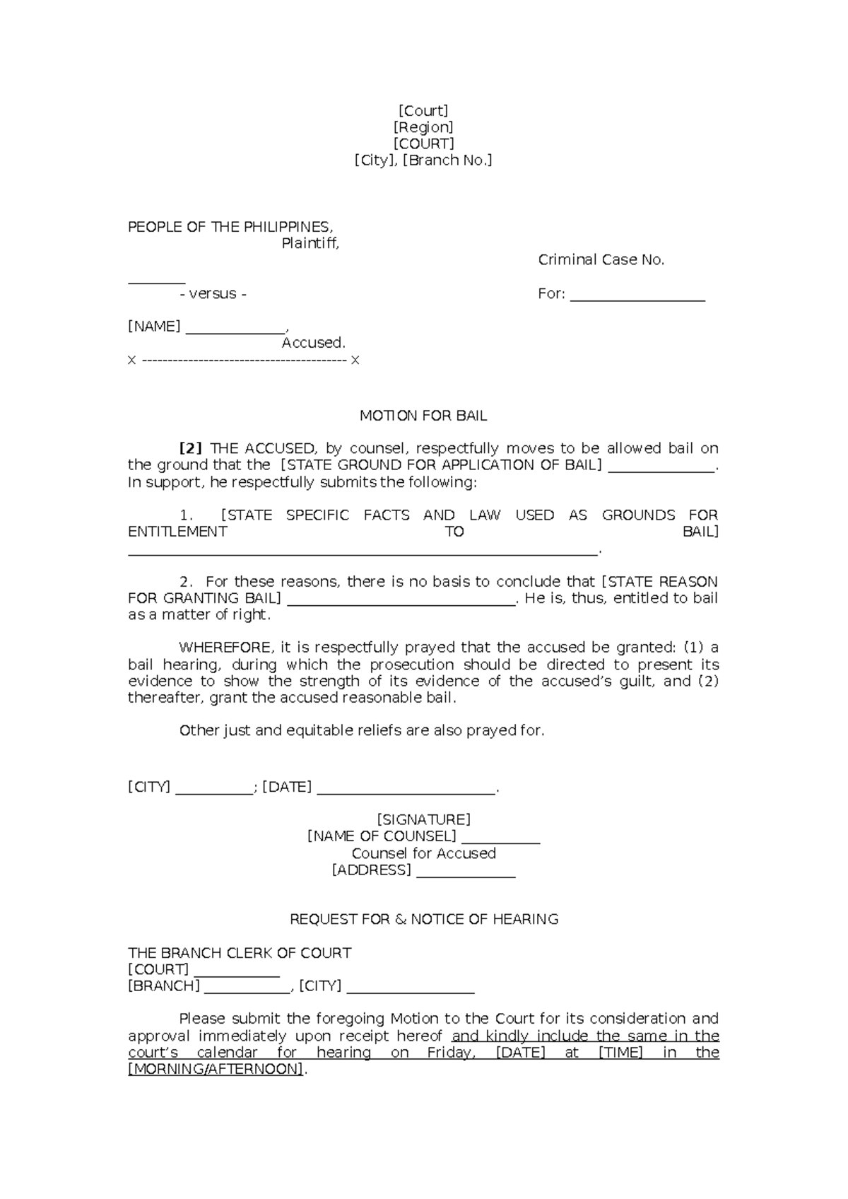 Motion for Bail - [Court] [Region] [COURT] [City], [Branch No.] PEOPLE ...