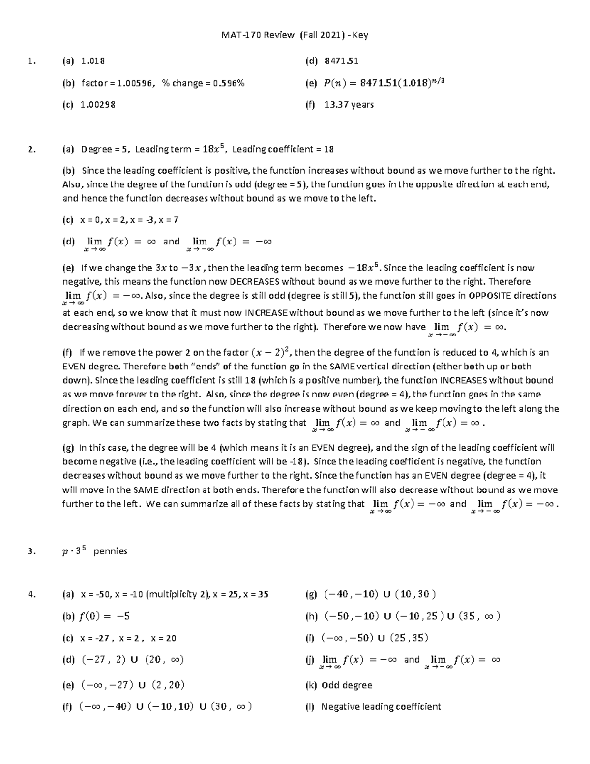 MAT170 - Exam 2 Review - S22 - KEY - Review (Fall 2021) Key 1. (a) 1 (d ...