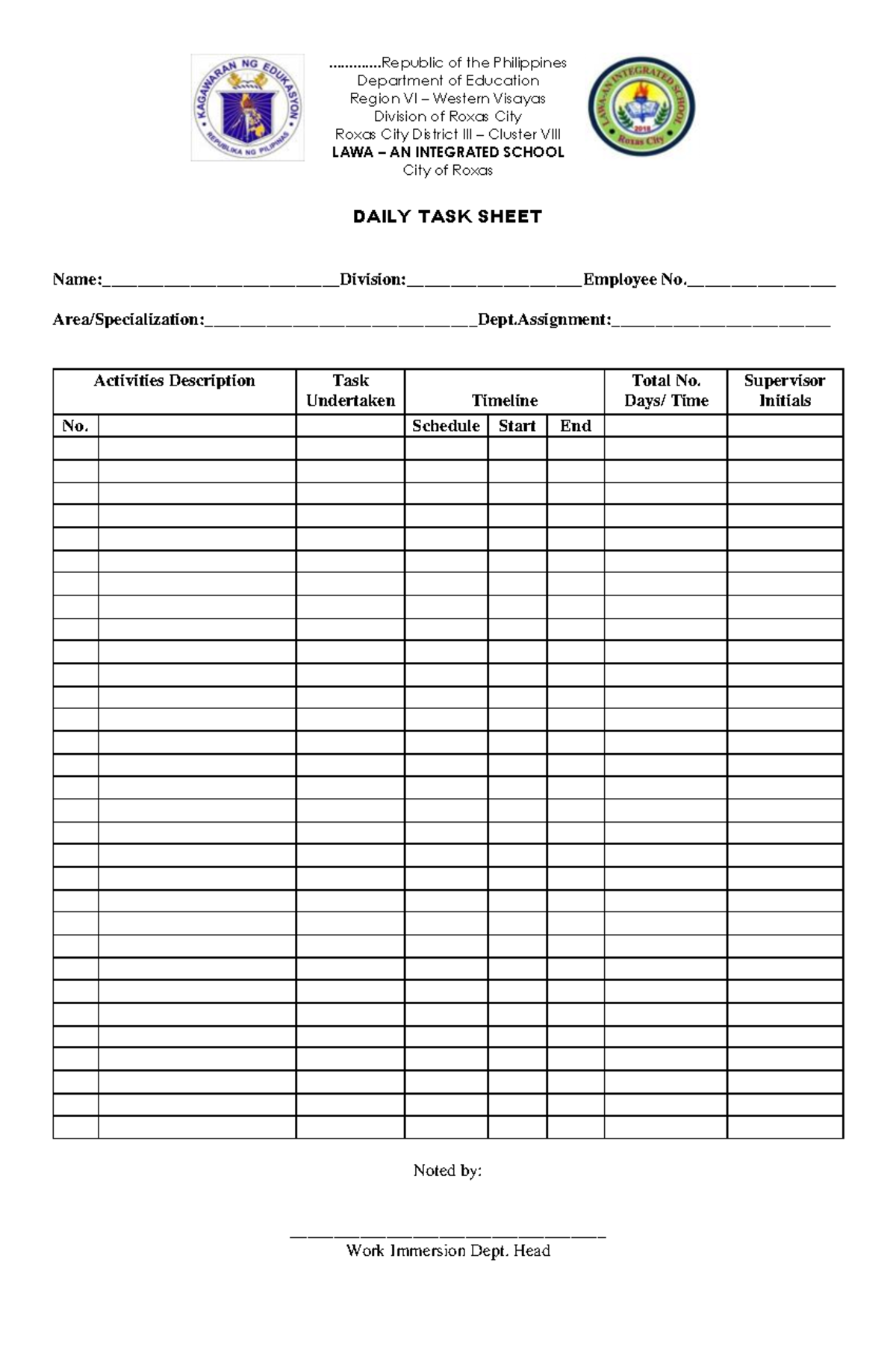 Daily Task Sheets - ............ of the Philippines Department of ...