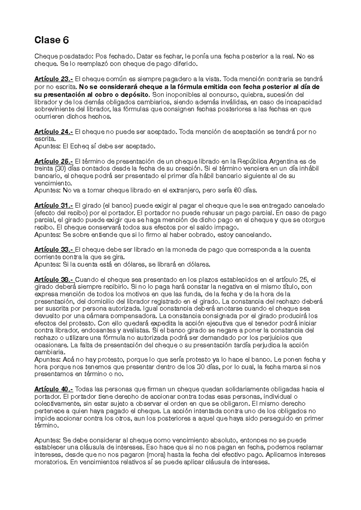 Obligaciones y contratos parcial 2 - Clase 6 Cheque posdatado: Pos ...