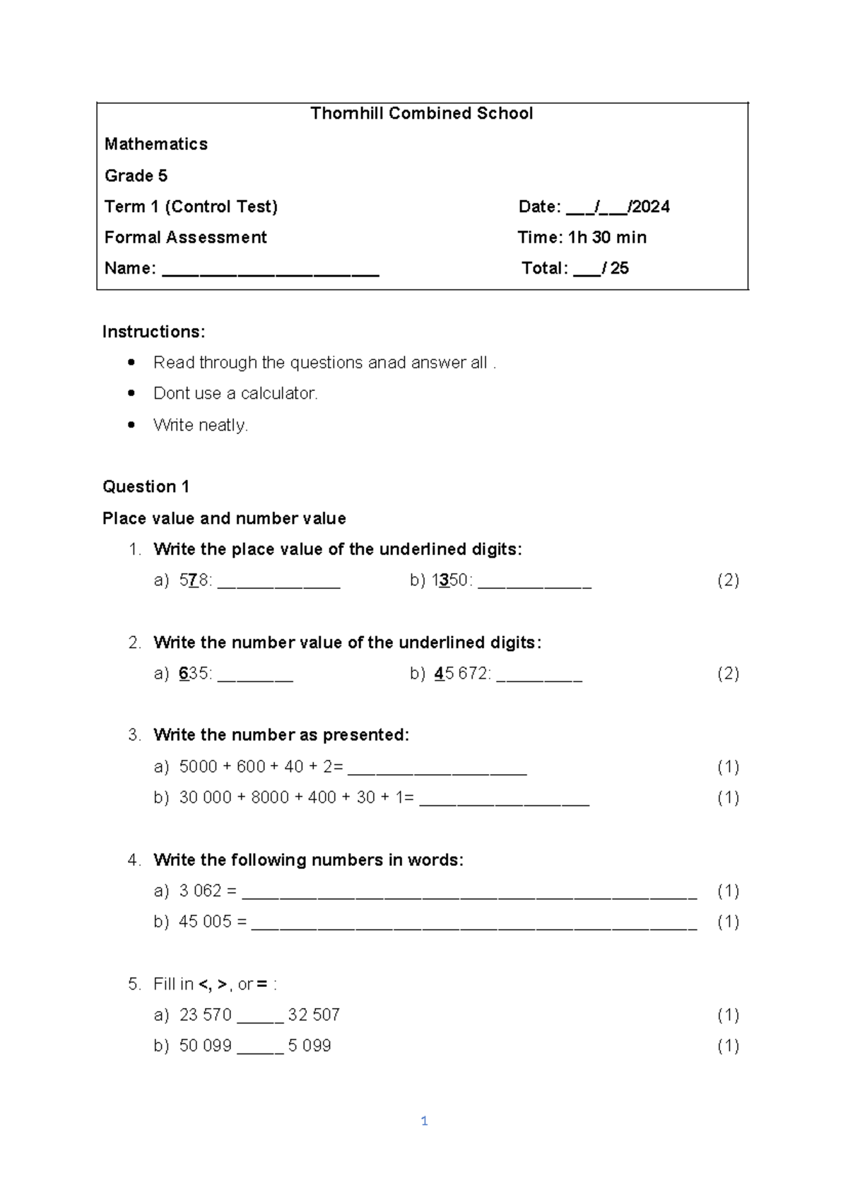 Maths Control Test T1 2024 - Thornhill Combined School Mathematics ...