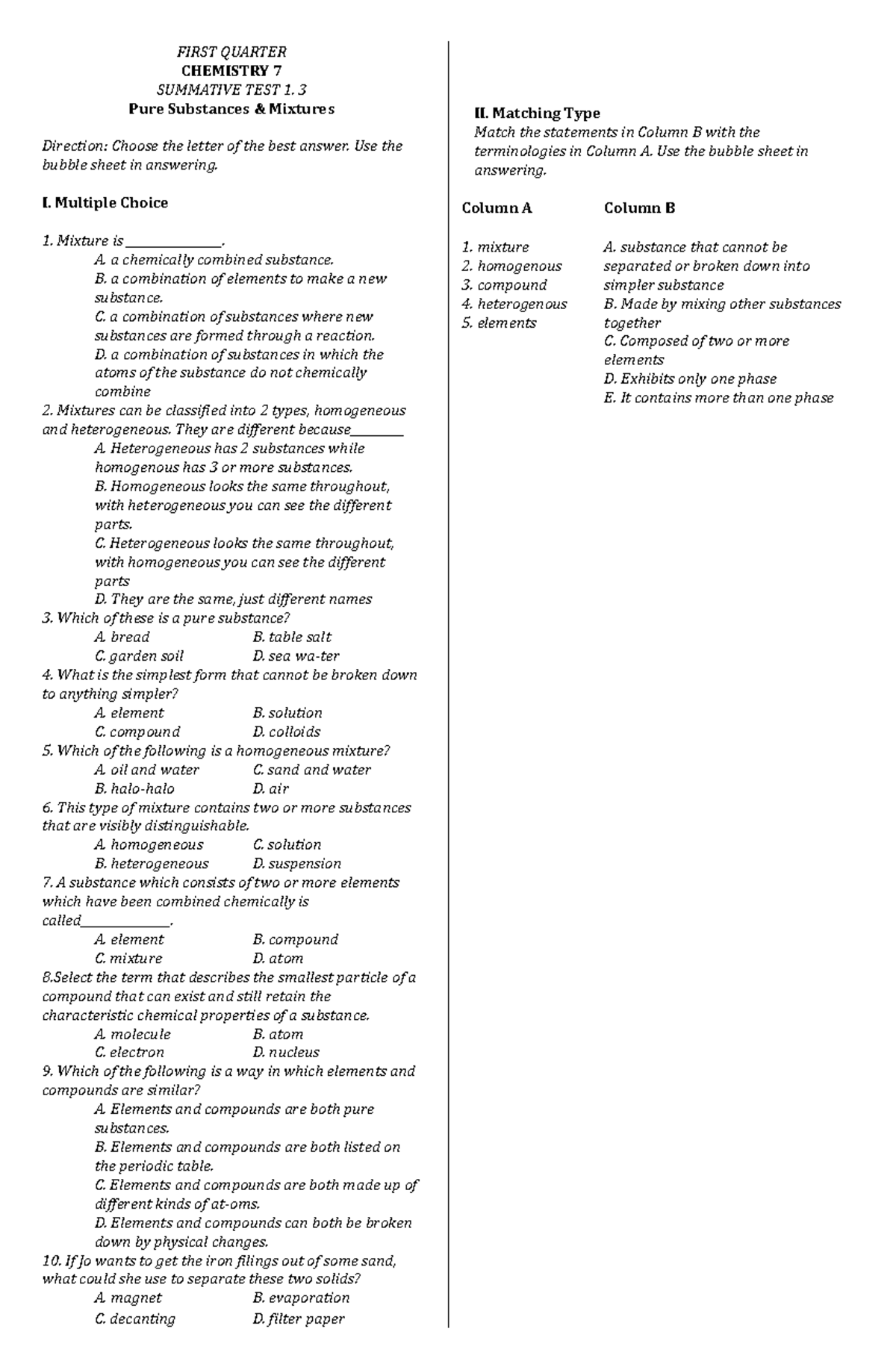 ST-PURE Substances AND Mixtures - FIRST QUARTER CHEMISTRY 7 SUMMATIVE ...