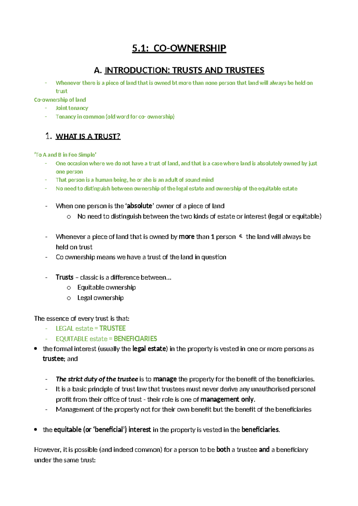 Co-ownership Lecture Notes - 5: CO-OWNERSHIP A. INTRODUCTION: TRUSTS ...