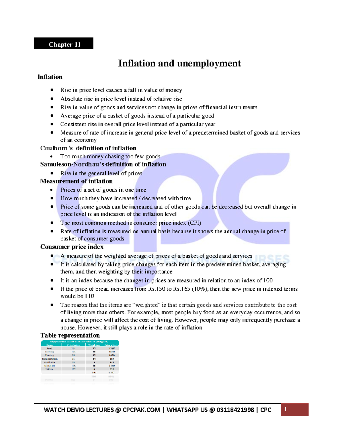 CPC PRC-3 CHAP-11 Notes - Chapter 11 Inflation Inflation and ...