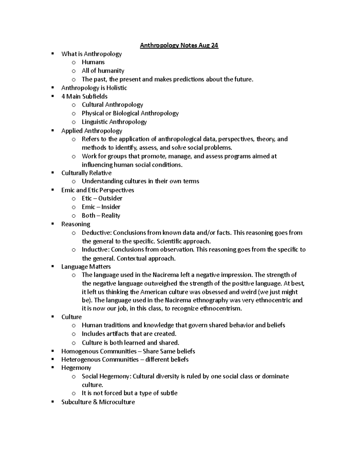Anthropology Notes Aug 24 - Anthropology is Holistic 4 Main Subfields o ...