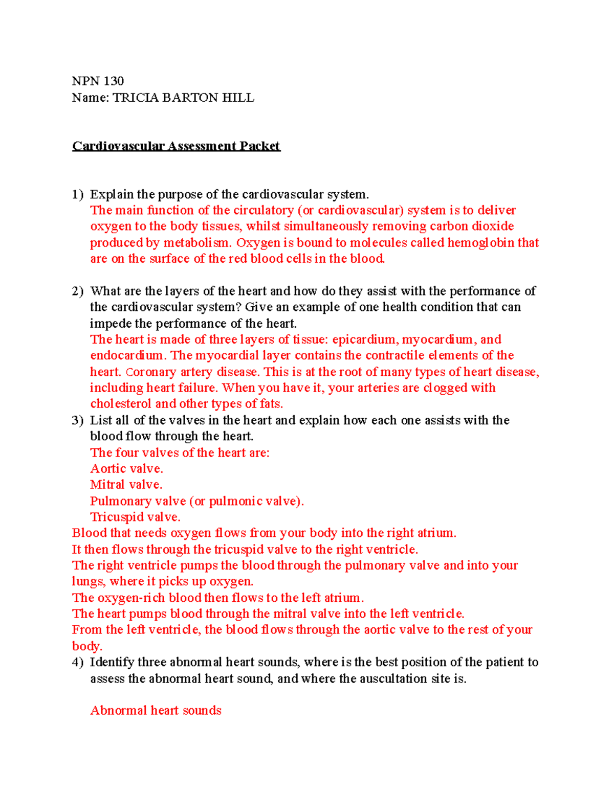 Cardiovascular Assessment Packet - NPN 130 Name: TRICIA BARTON HILL ...