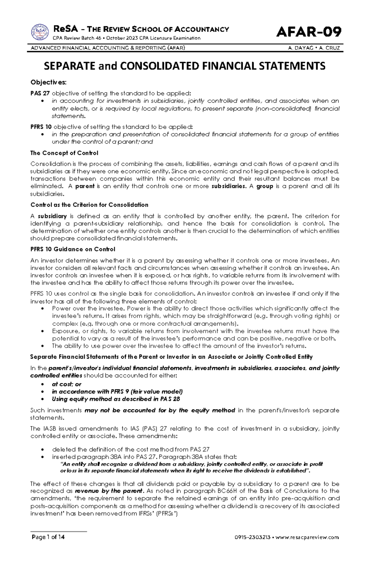 AFAR-09 (Separate and Consolidated FS) - ReSA - THE REVIEW SCHOOL OF ACCOUNTANCY CPA Review ...