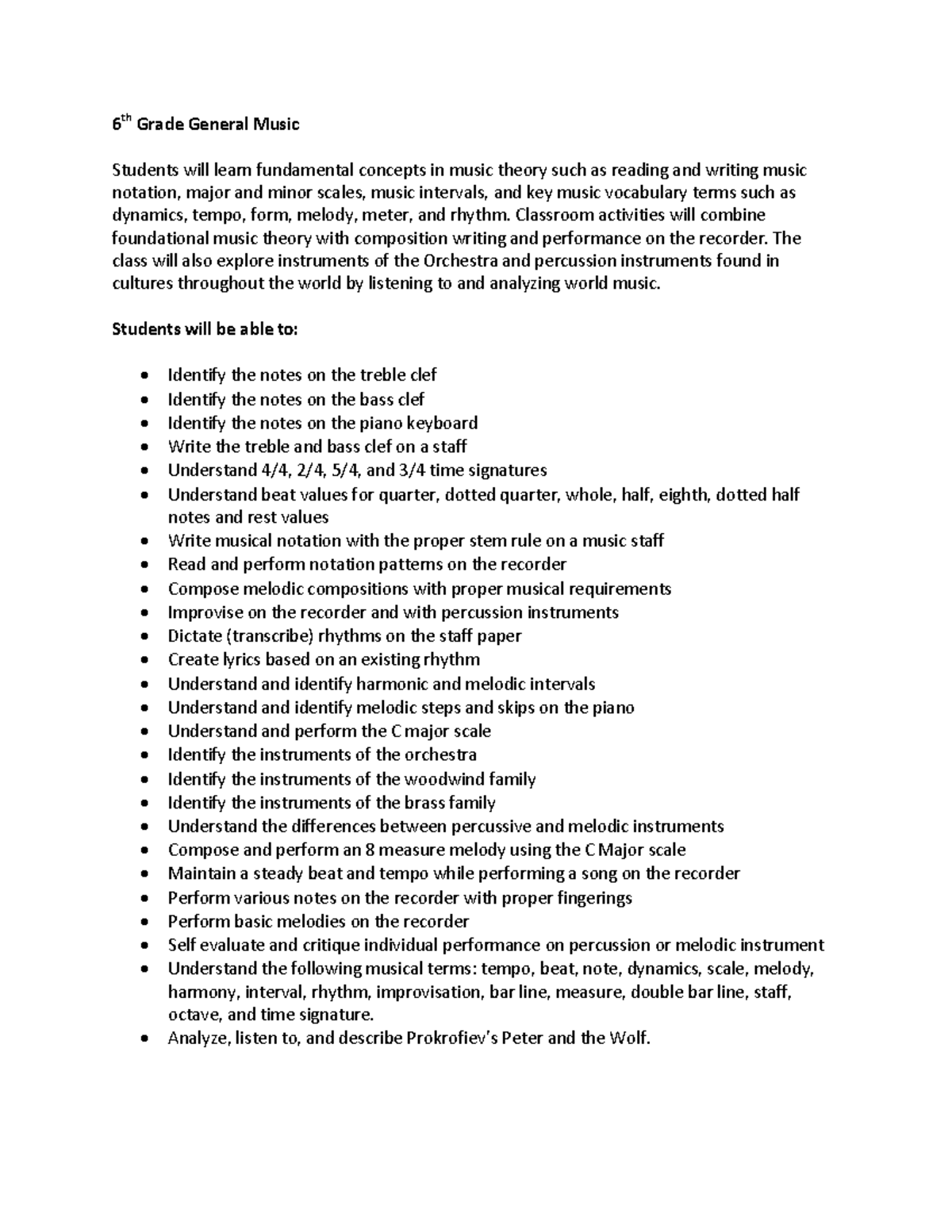 General Music Grade 6 Description Objectives - 6 th Grade General Music ...